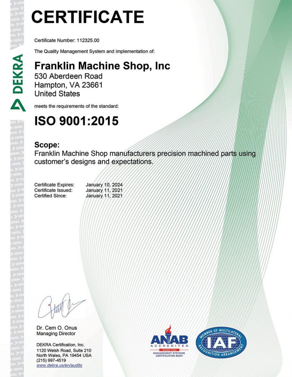 Specifications & Certifications - Franklin Machine Shop